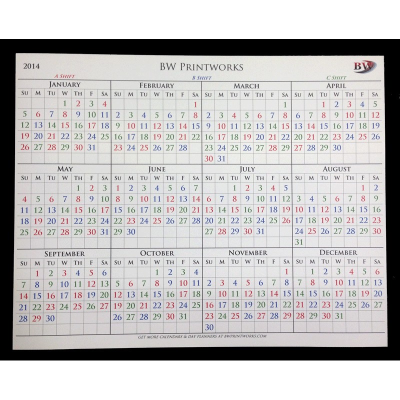 12 Month Giant Single Sheet Shift Calendar 12 x 15
